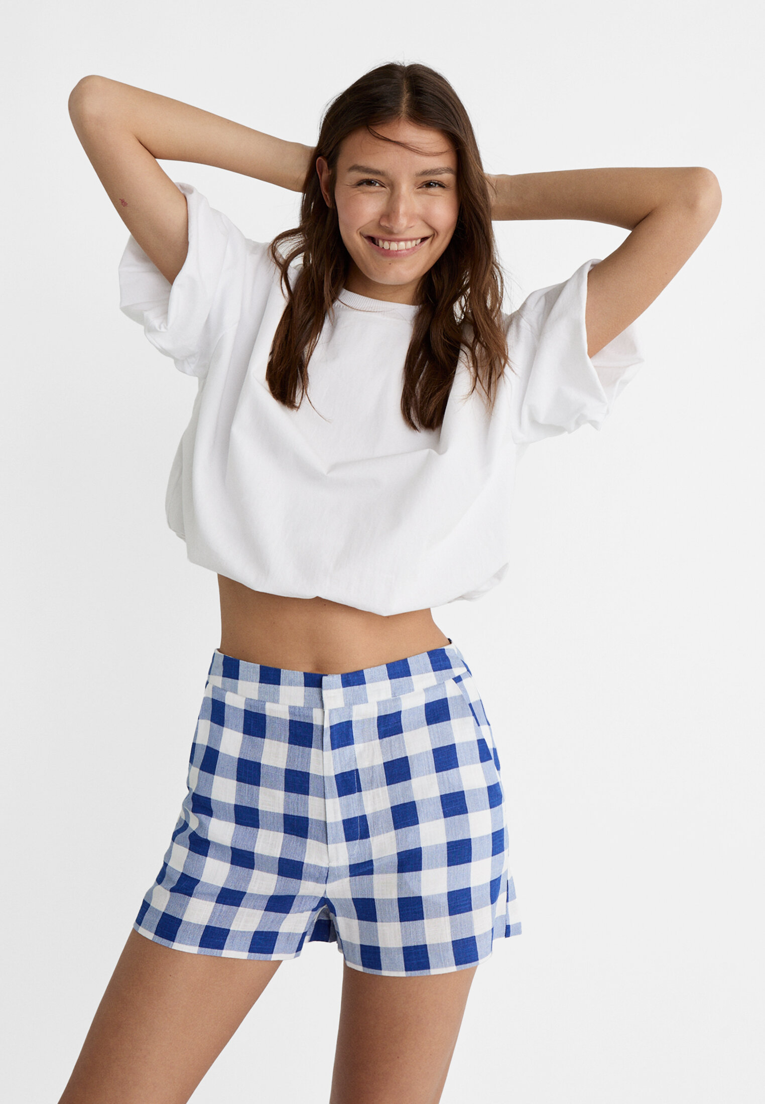 Gingham Linen Blend Shorts Womens Fashion Stradivarius Philippines