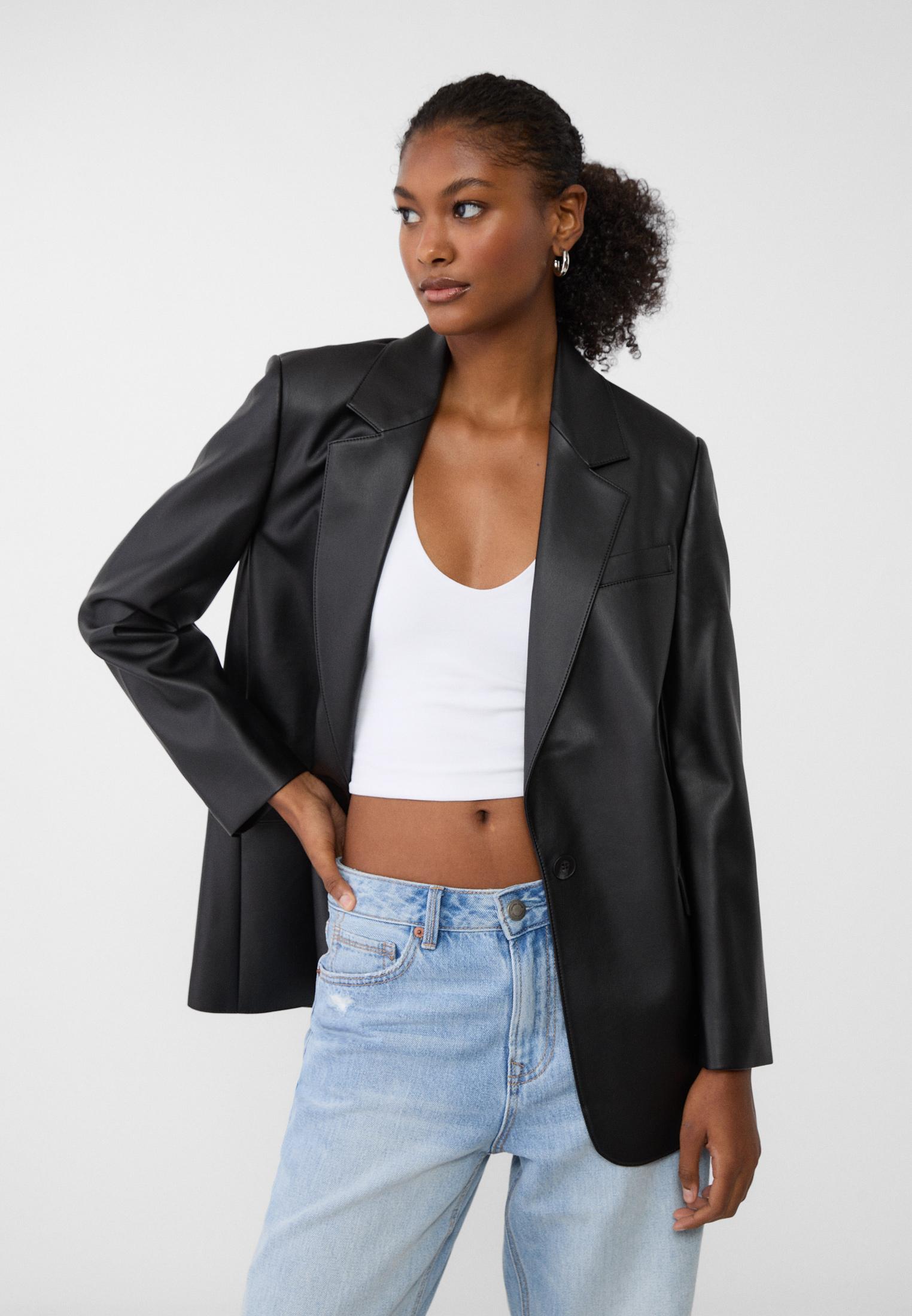 Regular fit leather effect blazer - Women's fashion | Stradivarius ...