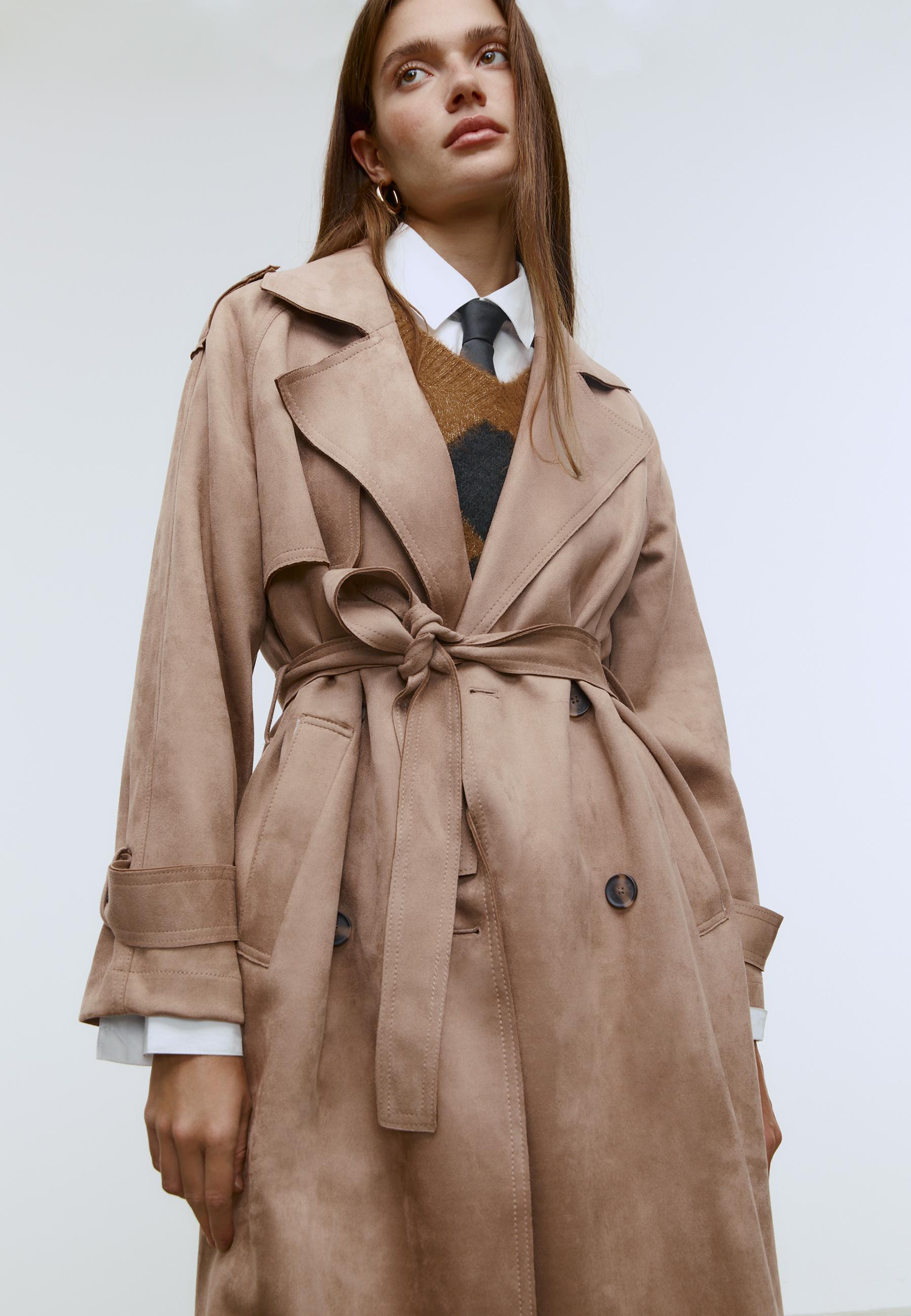Long faux suede trench coat - Women's fashion | Stradivarius United Kingdom