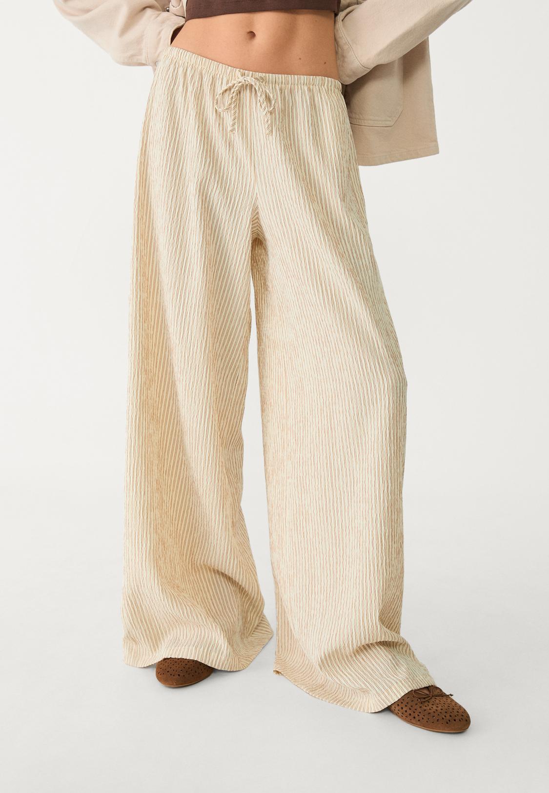 Linen Trousers Beige Striped Pants Flowing striped trousers Women's ...