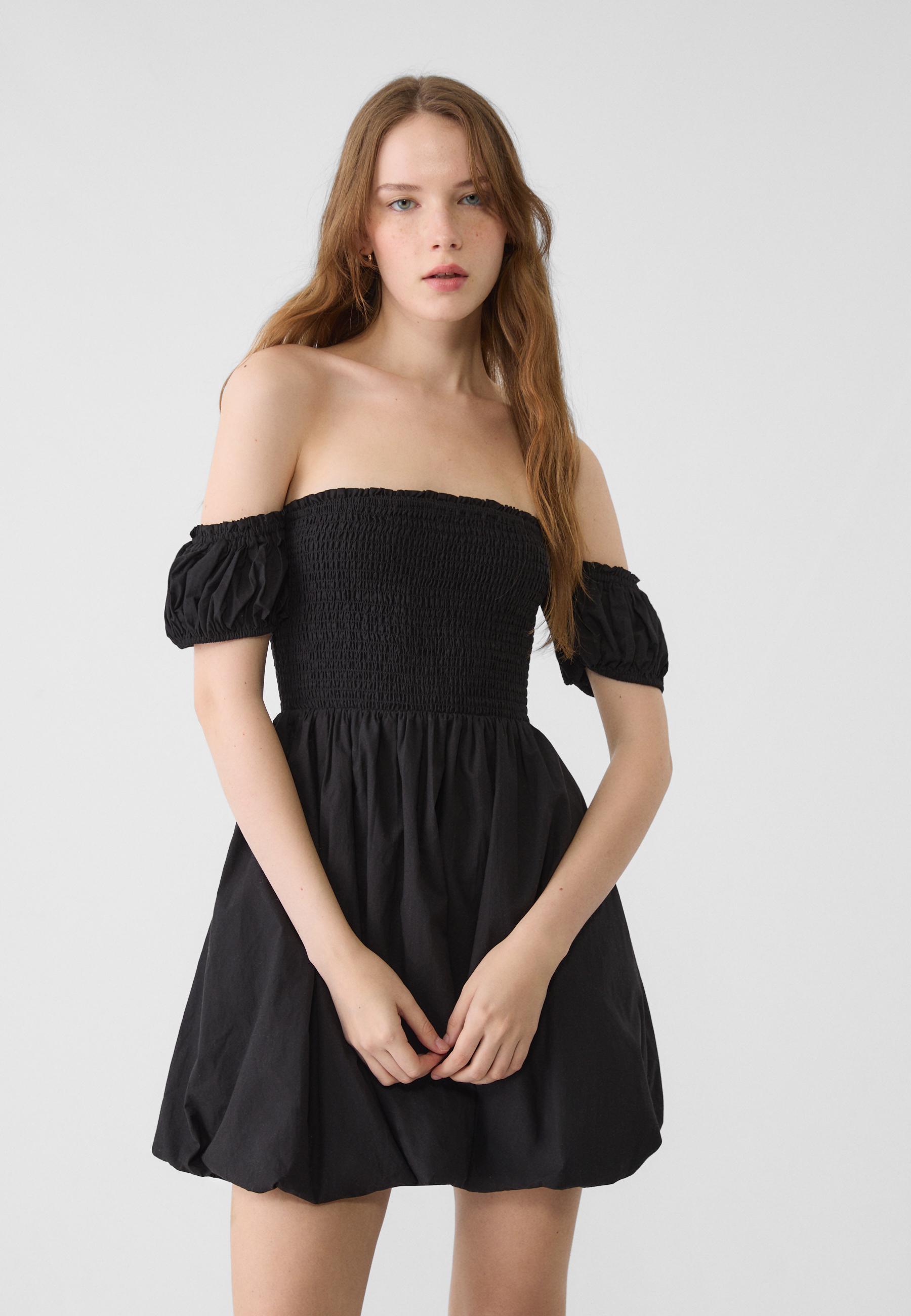 Off-the-shoulder poplin balloon dress - Women's fashion | Stradivarius ...
